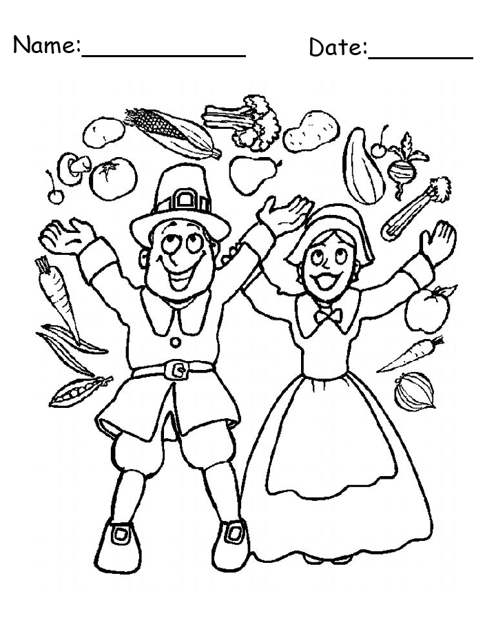 Pilgrims Thanksgiving Harvest Printable Coloring Page